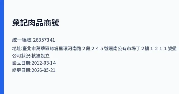 榮記肉品商號的照片-統編 26357341(臺北市) 公司登記資料與營業項目詳細圖表