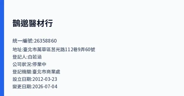 鵲邈醫材行的照片-統編 26358860(臺北市) 公司登記資料與營業項目詳細圖表