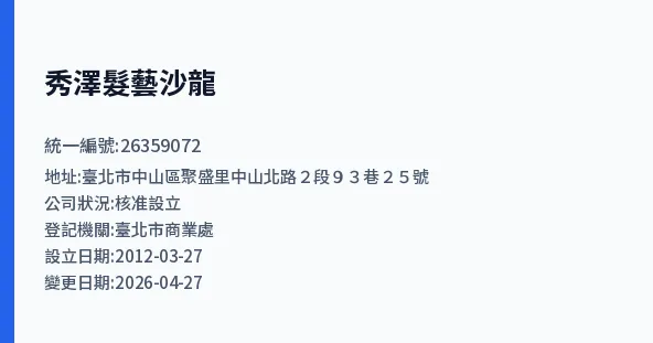 秀澤髮藝沙龍的照片-統編 26359072(臺北市) 公司登記資料與營業項目詳細圖表