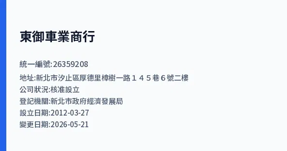 東御車業商行的照片-統編 26359208(新北市) 公司登記資料與營業項目詳細圖表