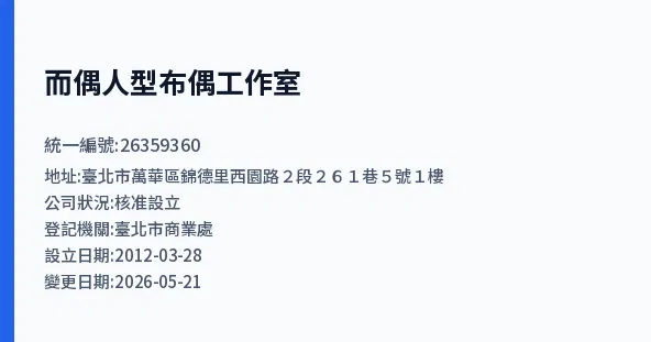 而偶人型布偶工作室的照片-統編 26359360(臺北市) 公司登記資料與營業項目詳細圖表