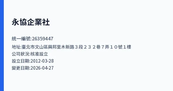 永協企業社的照片-統編 26359447(臺北市) 公司登記資料與營業項目詳細圖表
