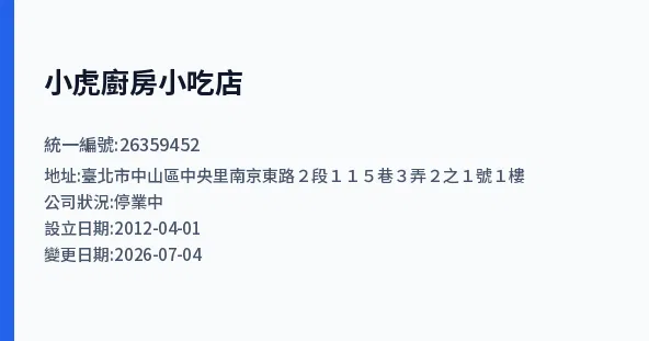 小虎廚房小吃店的照片-統編 26359452(臺北市) 公司登記資料與營業項目詳細圖表