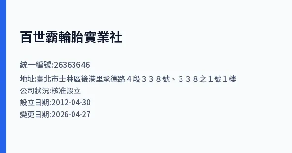 百世霸輪胎實業社的照片-統編 26363646(臺北市) 公司登記資料與營業項目詳細圖表