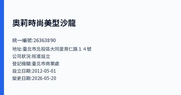 奧莉時尚美型沙龍的照片-統編 26363890(臺北市) 公司登記資料與營業項目詳細圖表