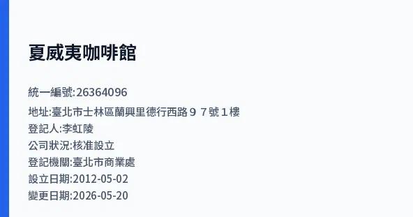夏威夷咖啡館的照片-統編 26364096(臺北市) 公司登記資料與營業項目詳細圖表