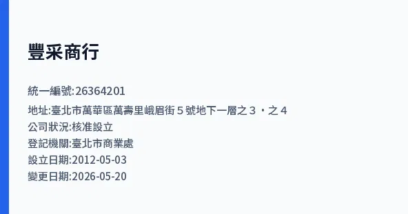 豐采商行的照片-統編 26364201(臺北市) 公司登記資料與營業項目詳細圖表
