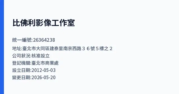 比佛利影像工作室的照片-統編 26364238(臺北市) 公司登記資料與營業項目詳細圖表