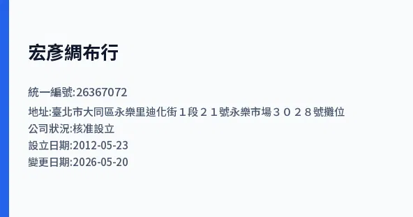 宏彥綢布行的照片-統編 26367072(臺北市) 公司登記資料與營業項目詳細圖表