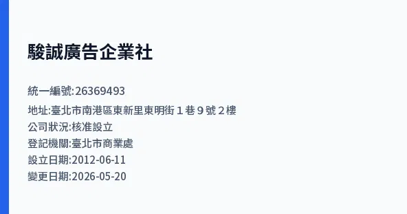 駿誠廣告企業社的照片-統編 26369493(臺北市) 公司登記資料與營業項目詳細圖表