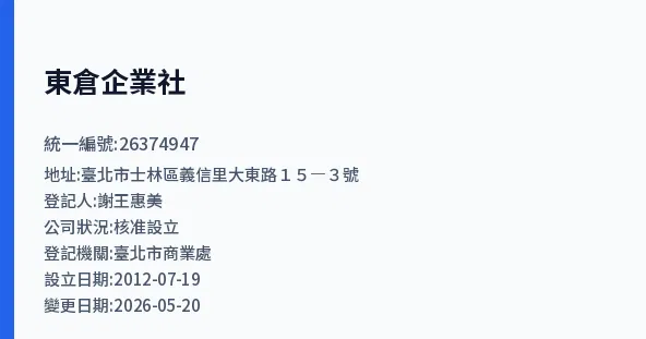 東倉企業社的照片-統編 26374947(臺北市) 公司登記資料與營業項目詳細圖表
