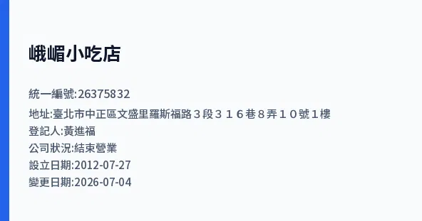 峨嵋小吃店的照片-統編 26375832(臺北市) 公司登記資料與營業項目詳細圖表