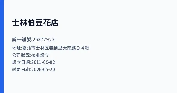 士林伯豆花店的照片-統編 26377923(臺北市) 公司登記資料與營業項目詳細圖表
