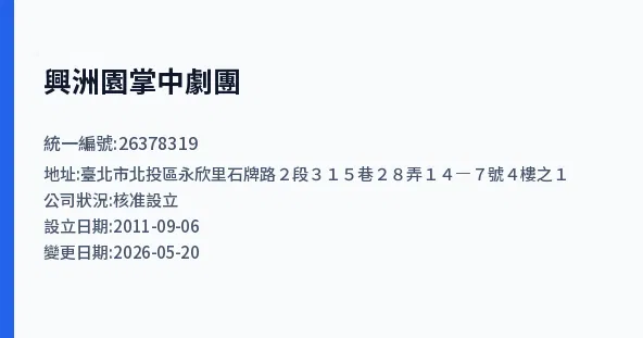 興洲園掌中劇團的照片-統編 26378319(臺北市) 公司登記資料與營業項目詳細圖表