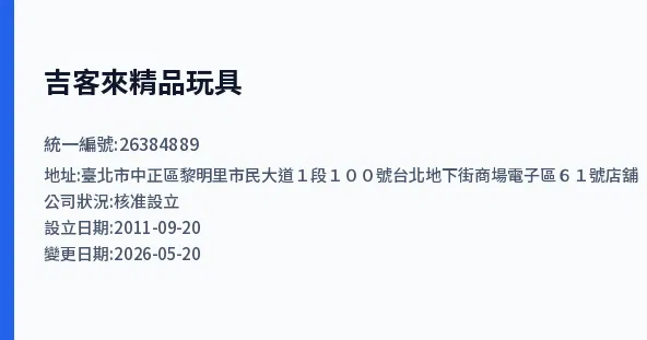 吉客來精品玩具的照片-統編 26384889(臺北市) 公司登記資料與營業項目詳細圖表