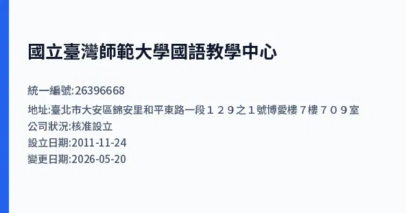 國立臺灣師範大學國語教學中心的照片-統編 26396668(臺北市) 公司登記資料與營業項目詳細圖表