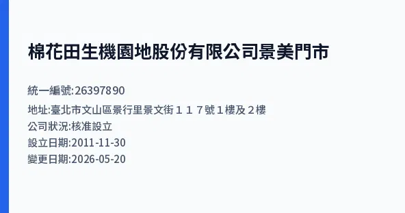 棉花田生機園地股份有限公司景美門市的照片-統編 26397890(臺北市) 公司登記資料與營業項目詳細圖表