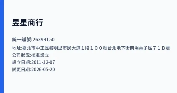 昱星商行的照片-統編 26399150(臺北市) 公司登記資料與營業項目詳細圖表