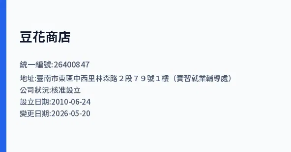 豆花商店的照片-統編 26400847(臺南市) 公司登記資料與營業項目詳細圖表