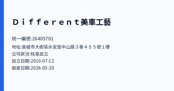 Different美車工藝的照片-統編 26405701(高雄市) 公司登記資料與營業項目詳細圖表