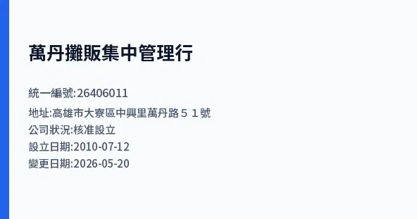 萬丹攤販集中管理行的照片-統編 26406011(高雄市) 公司登記資料與營業項目詳細圖表