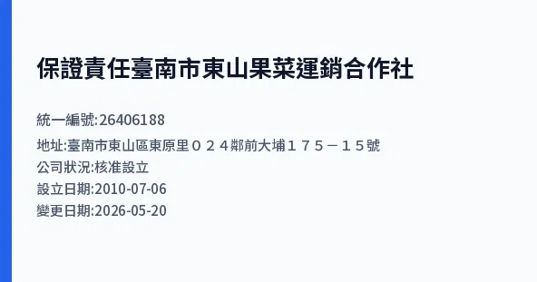 保證責任臺南市東山果菜運銷合作社的照片-統編 26406188(臺南市) 公司登記資料與營業項目詳細圖表
