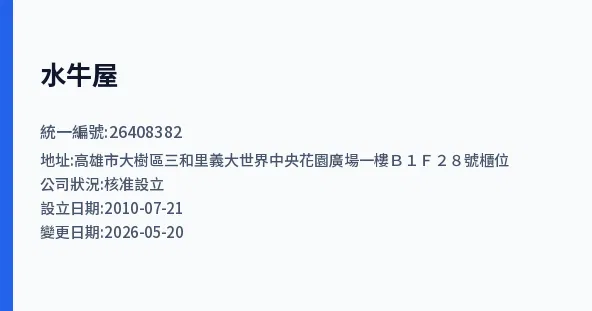 水牛屋的照片-統編 26408382(高雄市) 公司登記資料與營業項目詳細圖表