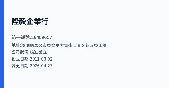 隆毅企業行的照片-統編 26409657(澎湖縣) 公司登記資料與營業項目詳細圖表