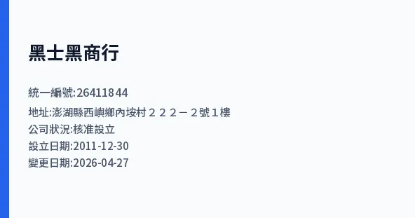 黑士黑商行的照片-統編 26411844(澎湖縣) 公司登記資料與營業項目詳細圖表