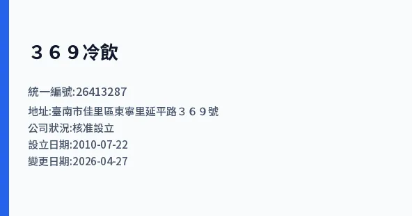 369冷飲的照片-統編 26413287(臺南市) 公司登記資料與營業項目詳細圖表