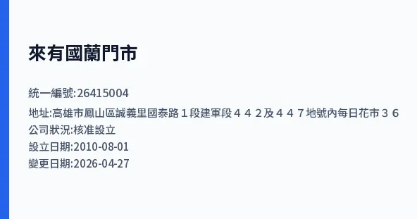 來有國蘭門市的照片-統編 26415004(高雄市) 公司登記資料與營業項目詳細圖表