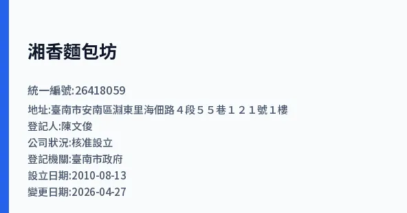 湘香麵包坊的照片-統編 26418059(臺南市) 公司登記資料與營業項目詳細圖表