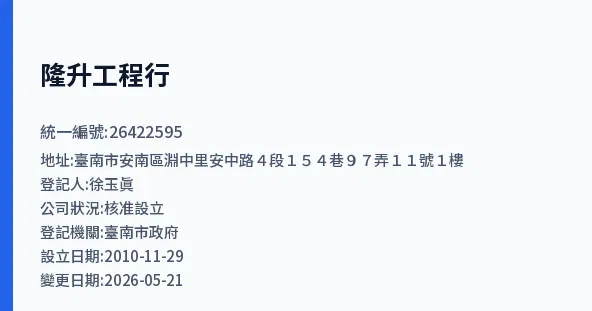 隆升工程行的照片-統編 26422595(臺南市) 公司登記資料與營業項目詳細圖表