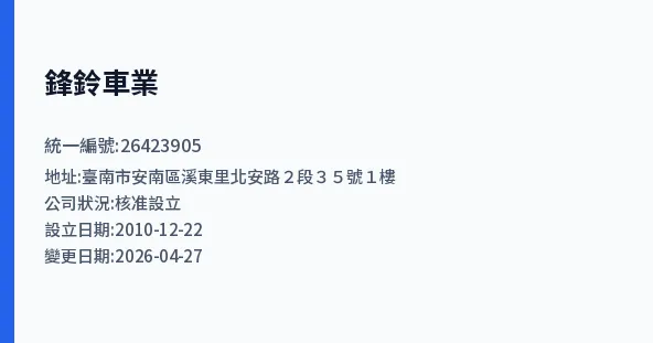 鋒鈴車業的照片-統編 26423905(臺南市) 公司登記資料與營業項目詳細圖表