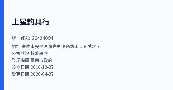 上星釣具行的照片-統編 26424094(臺南市) 公司登記資料與營業項目詳細圖表