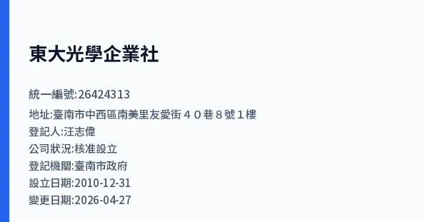 東大光學企業社的照片-統編 26424313(臺南市) 公司登記資料與營業項目詳細圖表