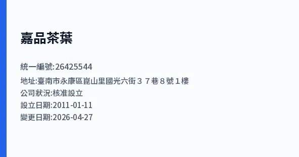 嘉品茶葉的照片-統編 26425544(臺南市) 公司登記資料與營業項目詳細圖表