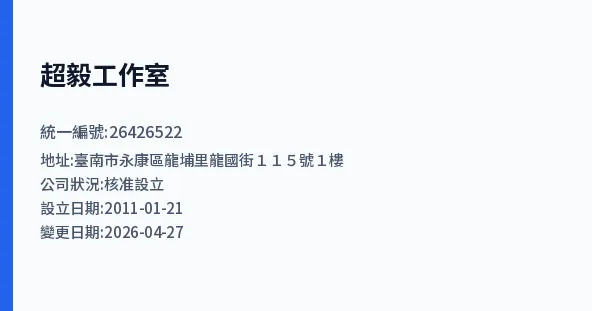 超毅工作室的照片-統編 26426522(臺南市) 公司登記資料與營業項目詳細圖表