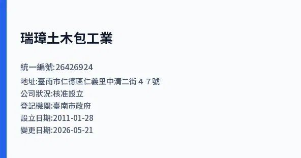 瑞璋土木包工業的照片-統編 26426924(臺南市) 公司登記資料與營業項目詳細圖表