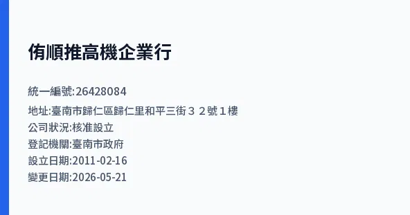 侑順推高機企業行的照片-統編 26428084(臺南市) 公司登記資料與營業項目詳細圖表