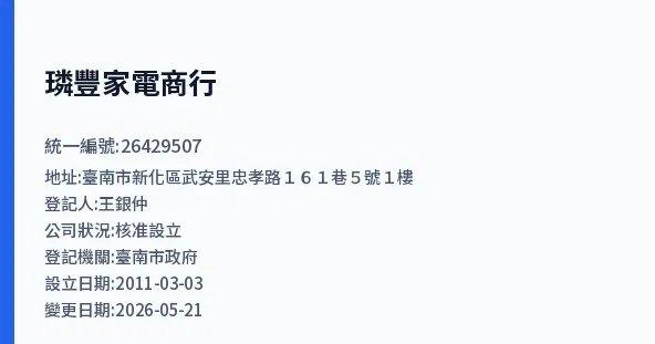 璘豐家電商行的照片-統編 26429507(臺南市) 公司登記資料與營業項目詳細圖表
