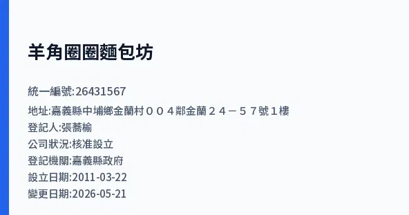 羊角圈圈麵包坊的照片-統編 26431567(嘉義縣) 公司登記資料與營業項目詳細圖表