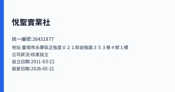 悅聖實業社的照片-統編 26431877(臺南市) 公司登記資料與營業項目詳細圖表