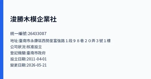 浚勝木模企業社的照片-統編 26433087(臺南市) 公司登記資料與營業項目詳細圖表