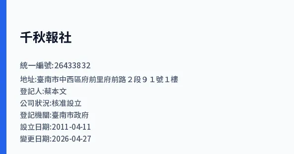 千秋報社的照片-統編 26433832(臺南市) 公司登記資料與營業項目詳細圖表