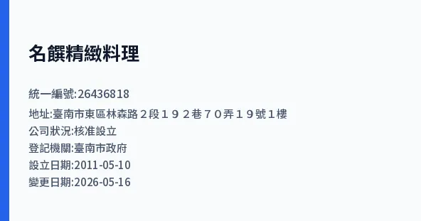 名饌精緻料理的照片-統編 26436818(臺南市) 公司登記資料與營業項目詳細圖表