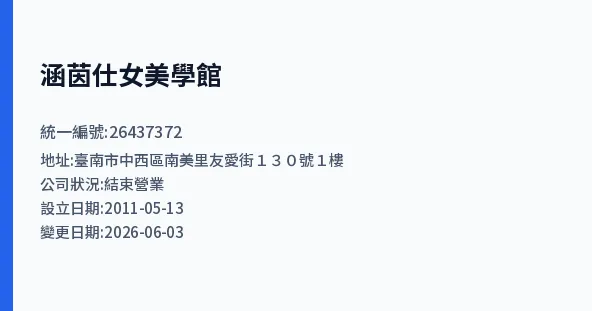 涵茵仕女美學館的照片-統編 26437372(臺南市) 公司登記資料與營業項目詳細圖表
