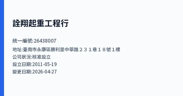 詮翔起重工程行的照片-統編 26438007(臺南市) 公司登記資料與營業項目詳細圖表
