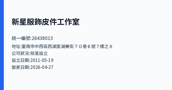 新星服飾皮件工作室的照片-統編 26438013(臺南市) 公司登記資料與營業項目詳細圖表