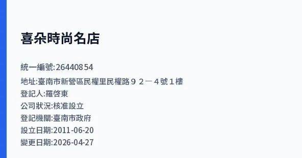 喜朵時尚名店的照片-統編 26440854(臺南市) 公司登記資料與營業項目詳細圖表